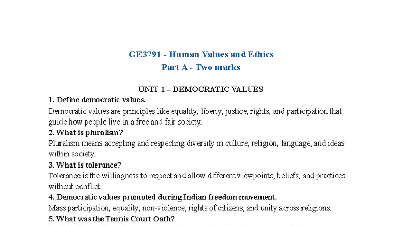 GE3791 Two marks - Easy to study - GE3791 - Human Values and Ethics ...