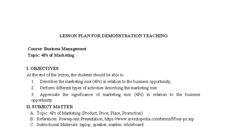 LESSON PLAN FOR DEMO TEACHING: 4Ps of Marketing (Course: BM) - Studocu