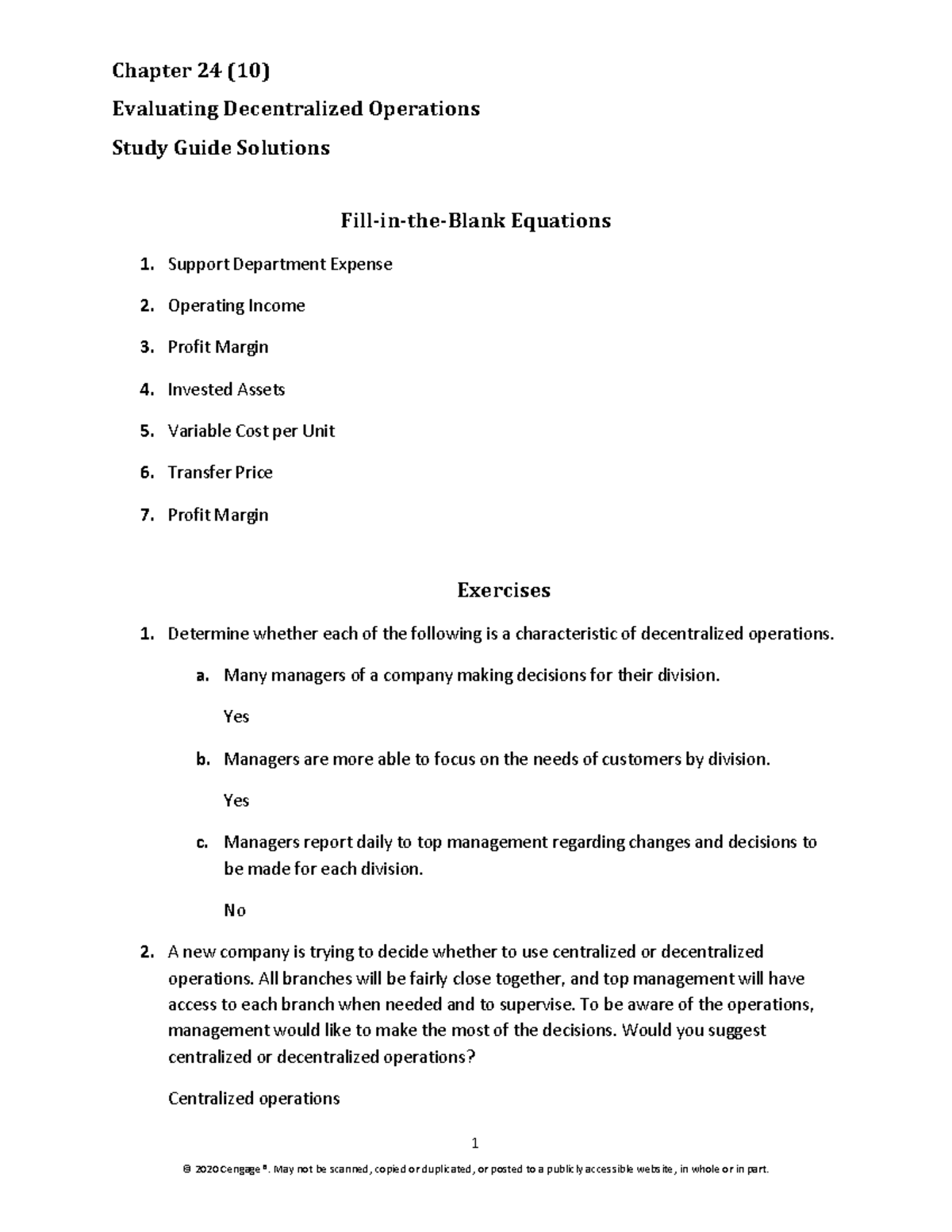Chapter 24 (10) Study Guide: Evaluating Decentralized Operations ...