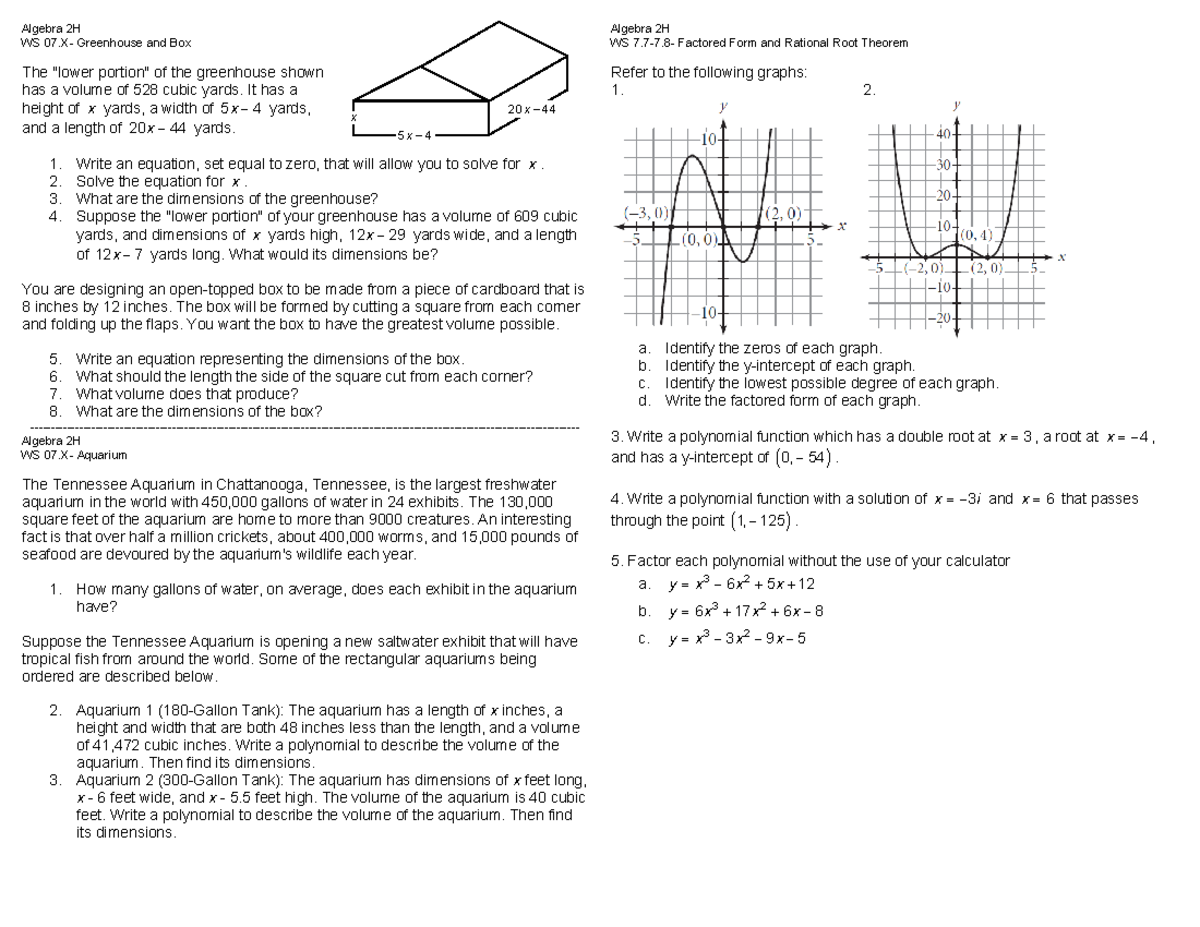 Alg 2H All Worksheets Spring (24-25) - Algebra 2HWS 07- Greenhouse and ...