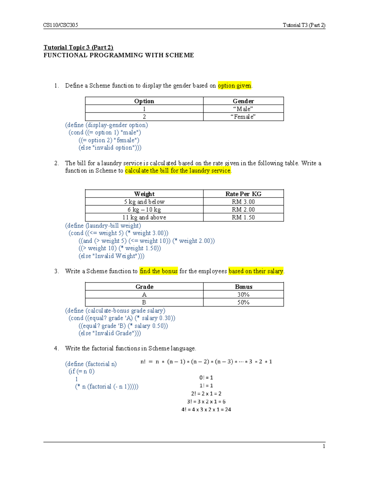 CSC305 - Functional Programming with Scheme Tutorial T3 (Part 2) - Studocu
