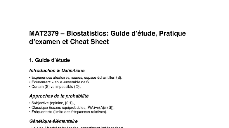 MAT2379 Biostatistics: Practical Guide & Cheat Sheet - Studocu
