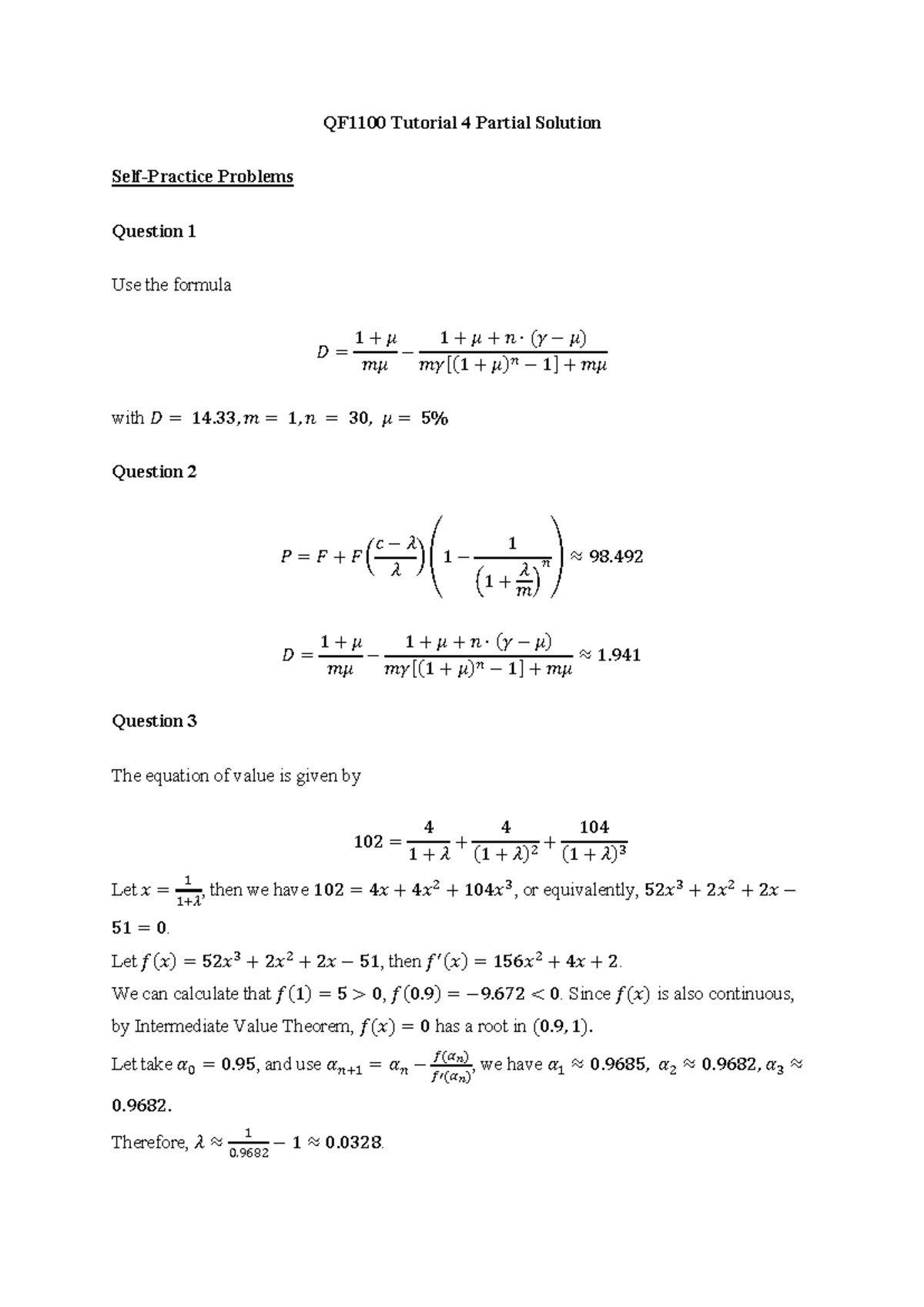 QF1100 Tutorial 4 Solutions and Problem Analysis - Studocu