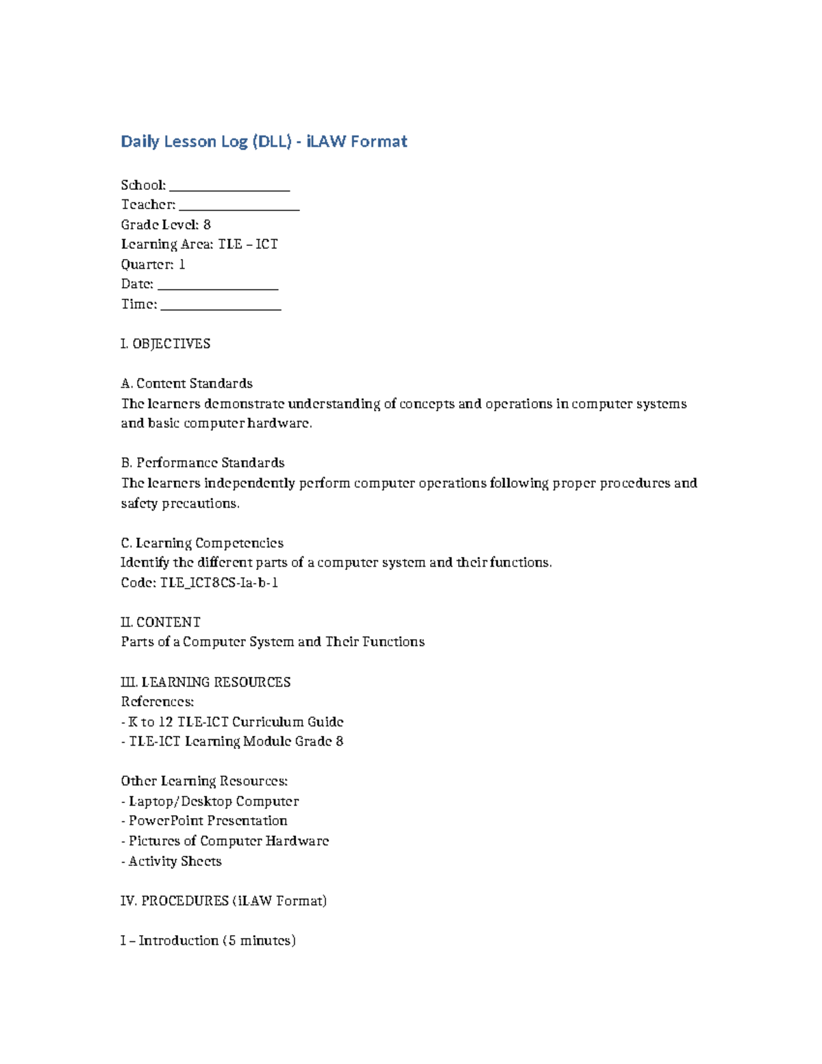 DLL Grade 8 TLE ICT Daily Lesson Log (iLAW Format) - Studocu