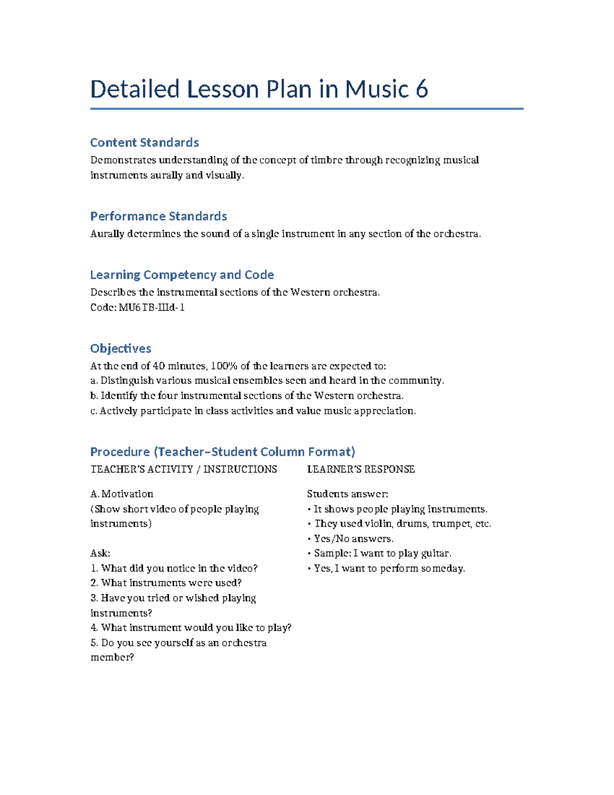 Music 6 Detailed Lesson Plan: Understanding Orchestra Sections - Studocu