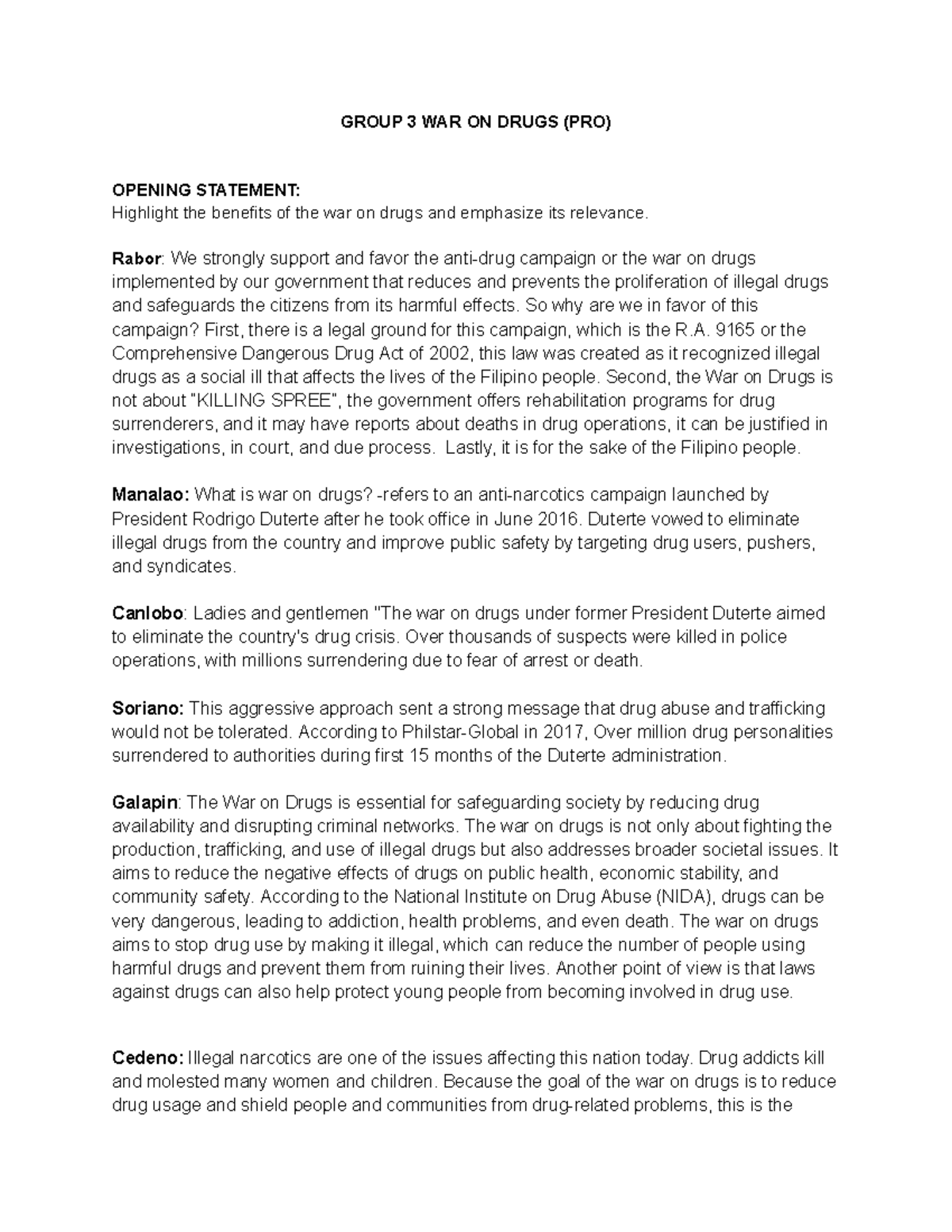 WAR ON Drugs (PRO) - GROUP 3 WAR ON DRUGS (PRO) OPENING STATEMENT ...