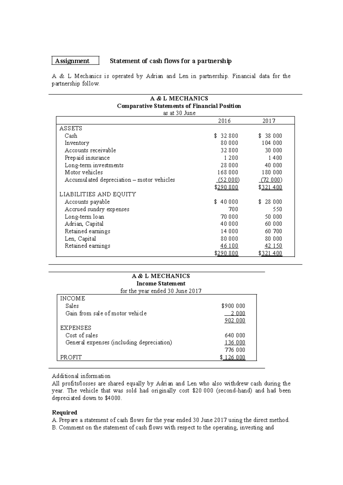 Unit 7 Cash Flows Statement Assignment - A & L Mechanics Analysis - Studocu