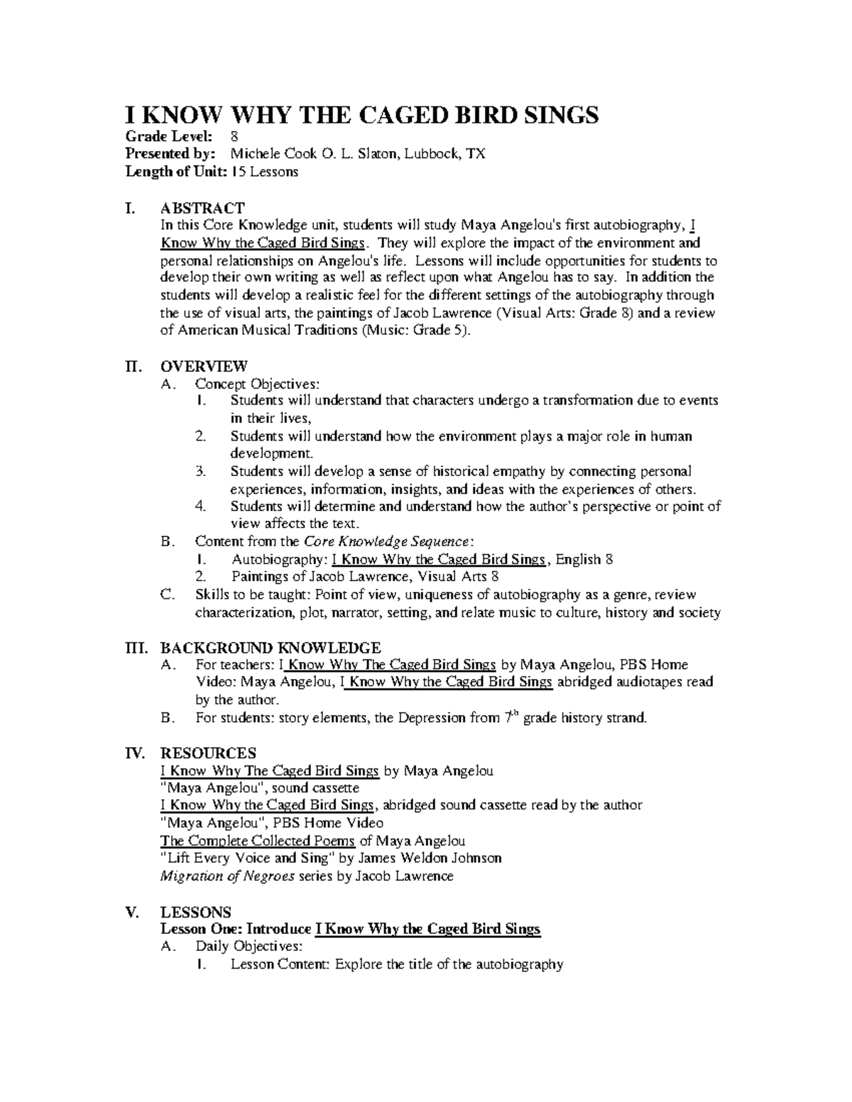 **Unit Plan: I Know Why the Caged Bird Sings - English 8 Lessons ...