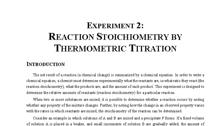 Exp. 2: Thermometric Titration & Reaction Stoichiometry Analysis - Studocu