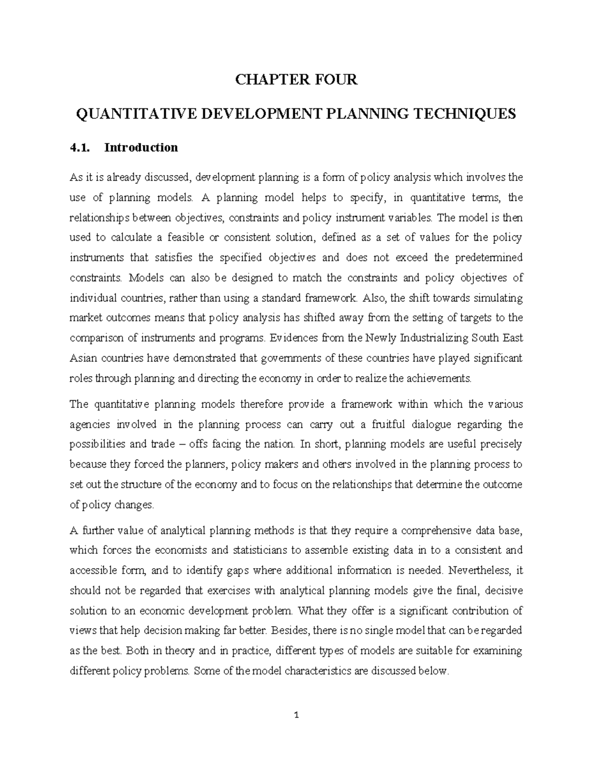 Quantitative Development Planning Techniques - Dev't PPA I (Chapter 4) - Studocu