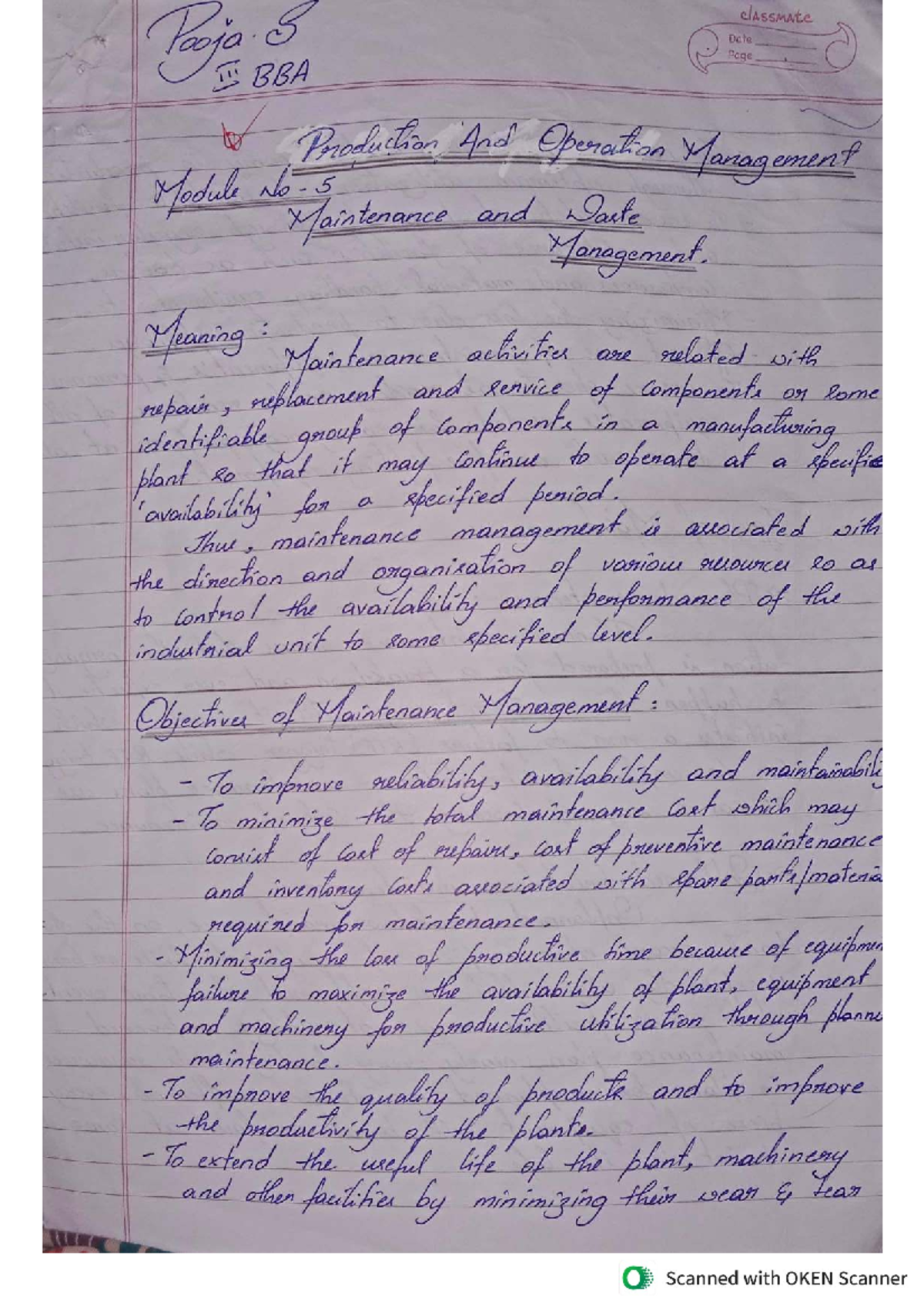 BBA POM Module 5: Maintenance & Waste Management Notes - Studocu