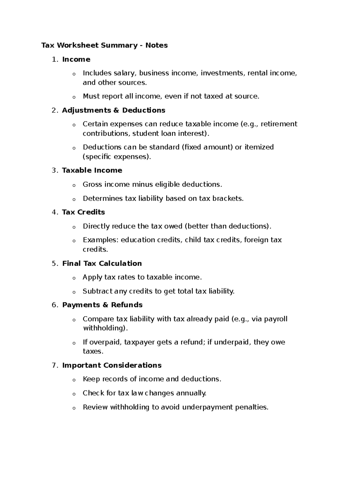 Tax Worksheet Summary: Key Concepts and Calculations - Studocu