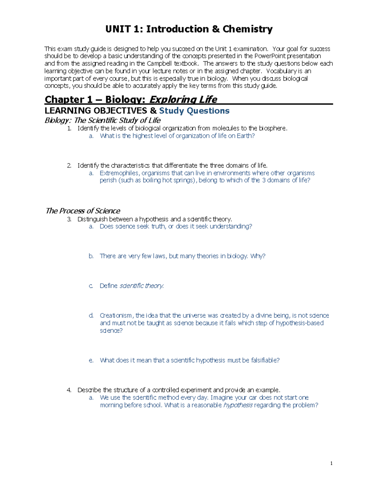 Unit 1 Exam Study Guide: Introduction to Biology and Chemistry - UNIT 1 ...
