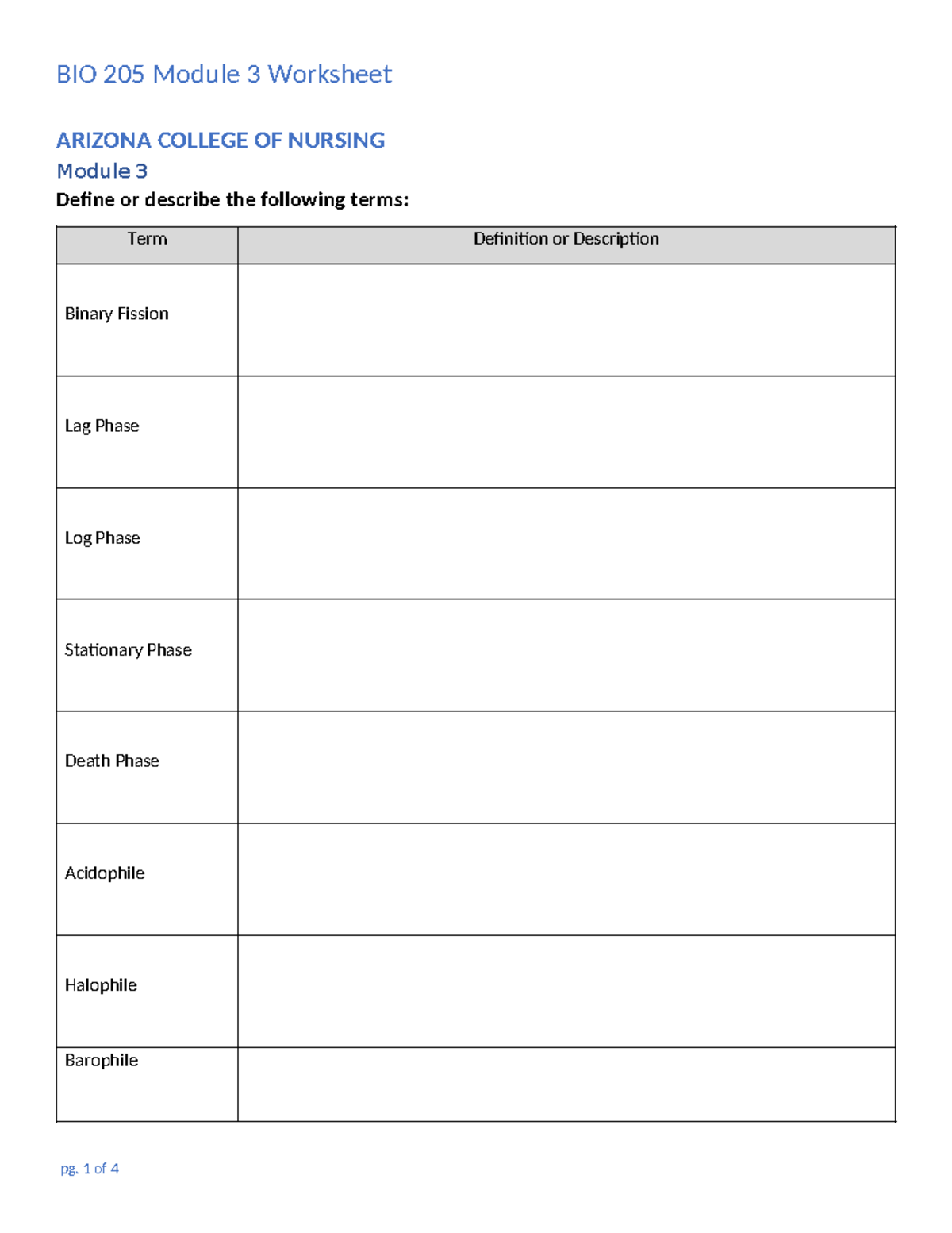 BIO 205 Module 3 Worksheet: Bacterial Growth Terms & Media - Studocu