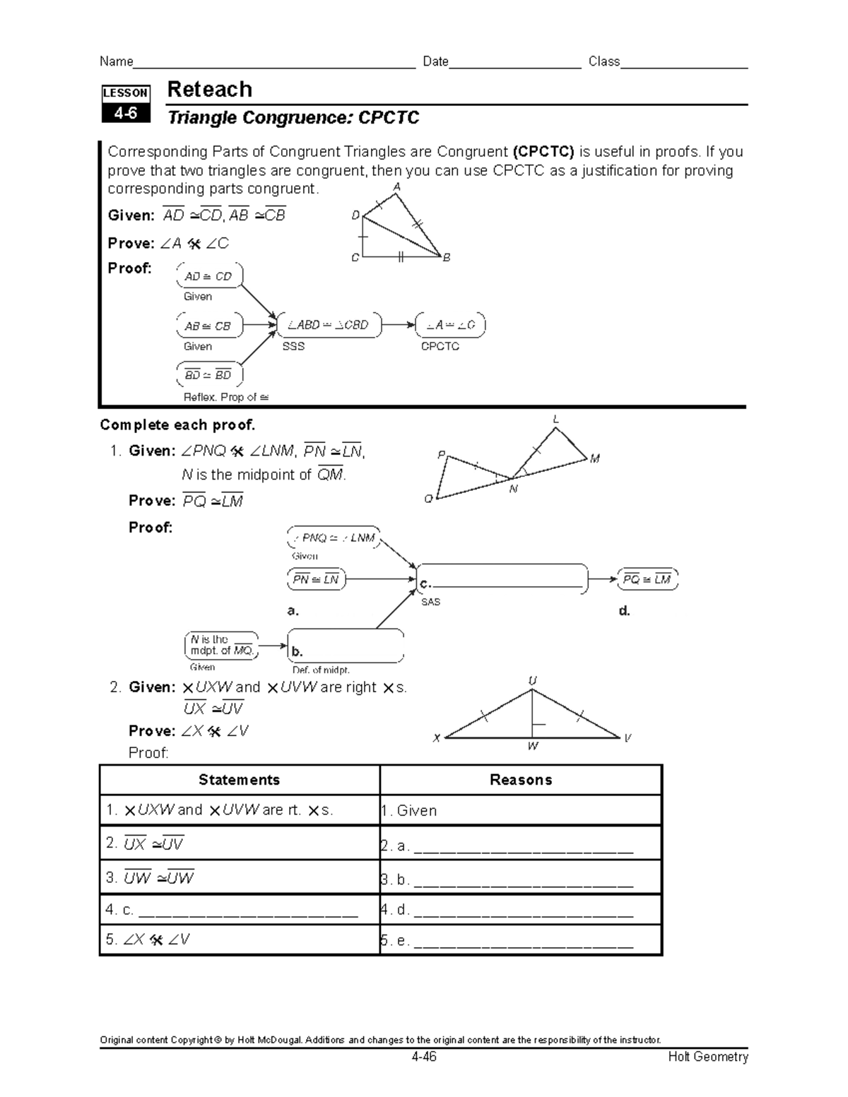 Reteach 4-6: Triangle Congruence CPCTC Practice Activities - Studocu