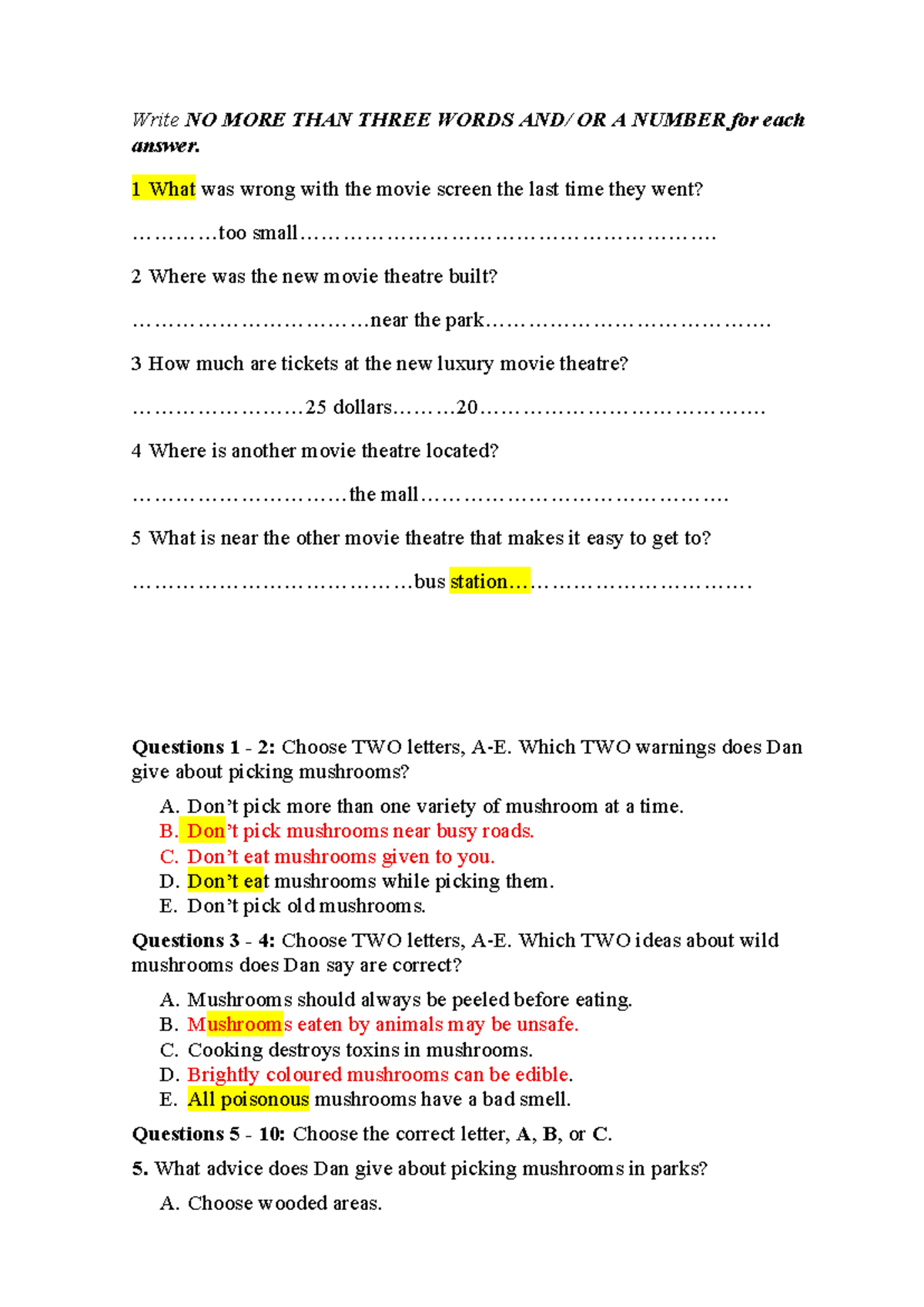 Multiple-Choice Listening Questions for Movie & Mushroom Safety - Studocu