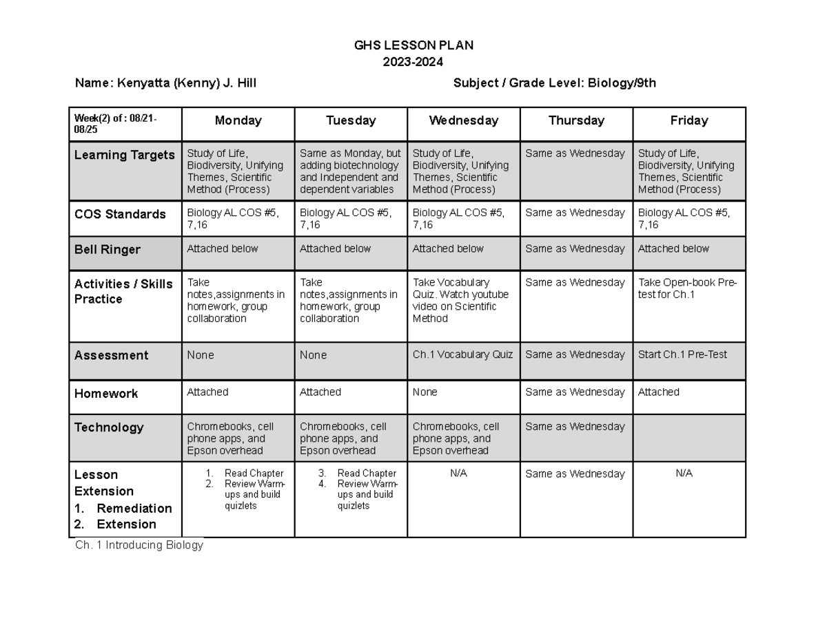 GHS Biology Lesson Plan Week 2 (2023-2024) - Coach Kenny Hill - Studocu