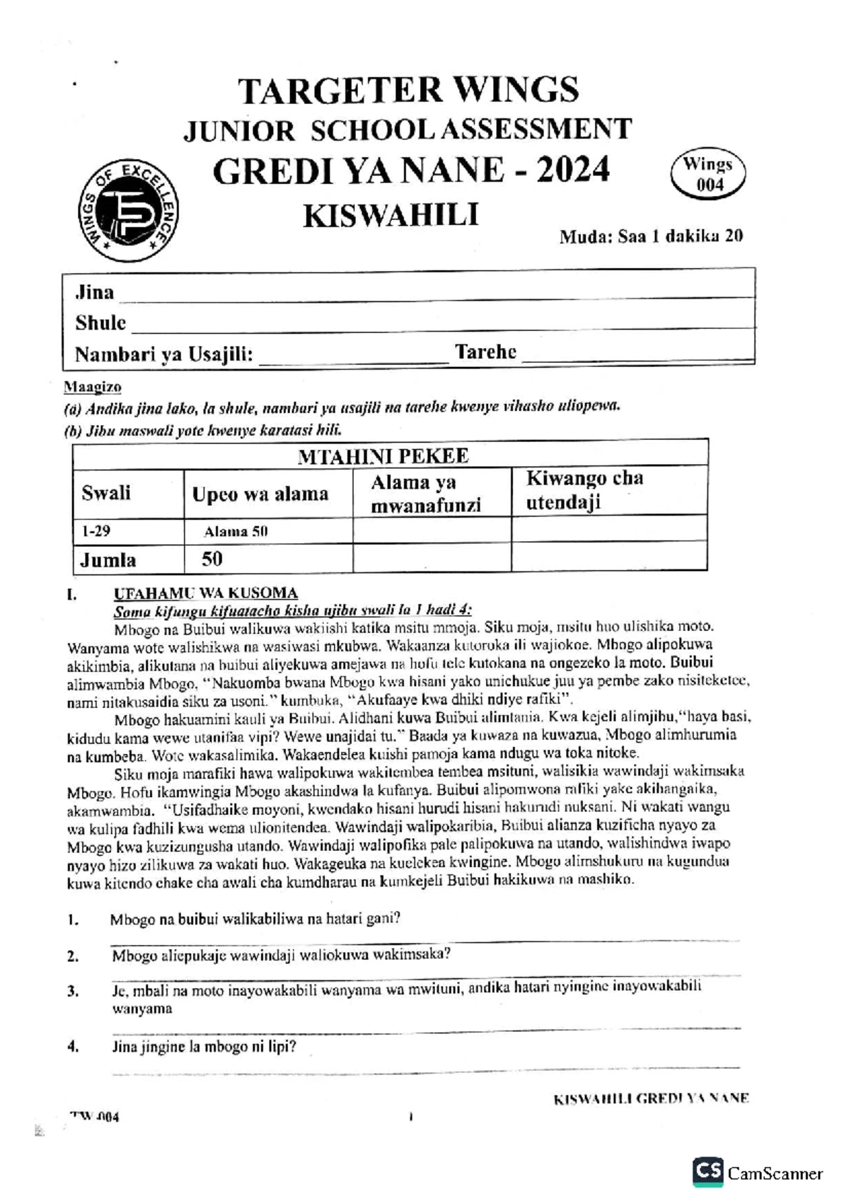 TARGETER WINGS JUNIOR SCHOOL GRADE 8 ENGLISH ASSESSMENT 2024 004 - Studocu