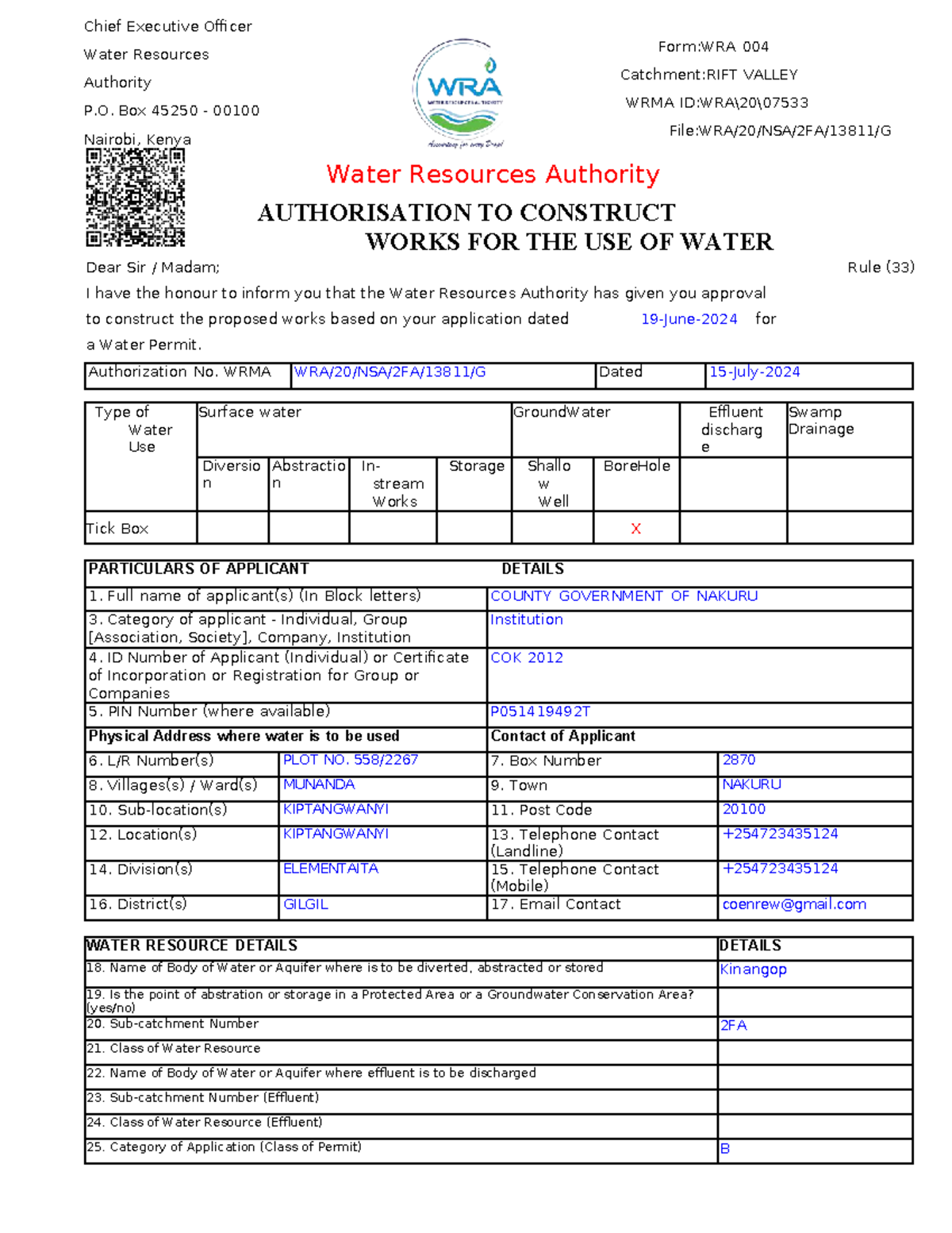 WRA 004 Authorization for Water Works in Rift Valley - Studocu