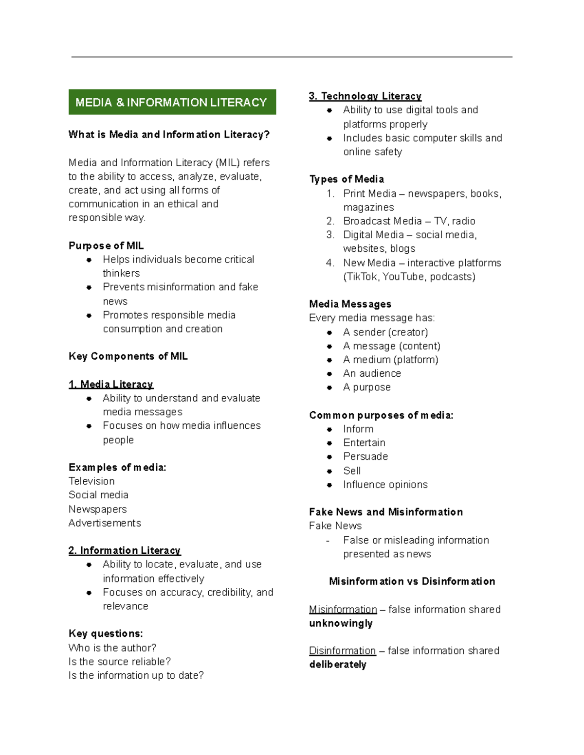 MIL Reviewer for Senior High: Understanding Media & Info Literacy - Studocu
