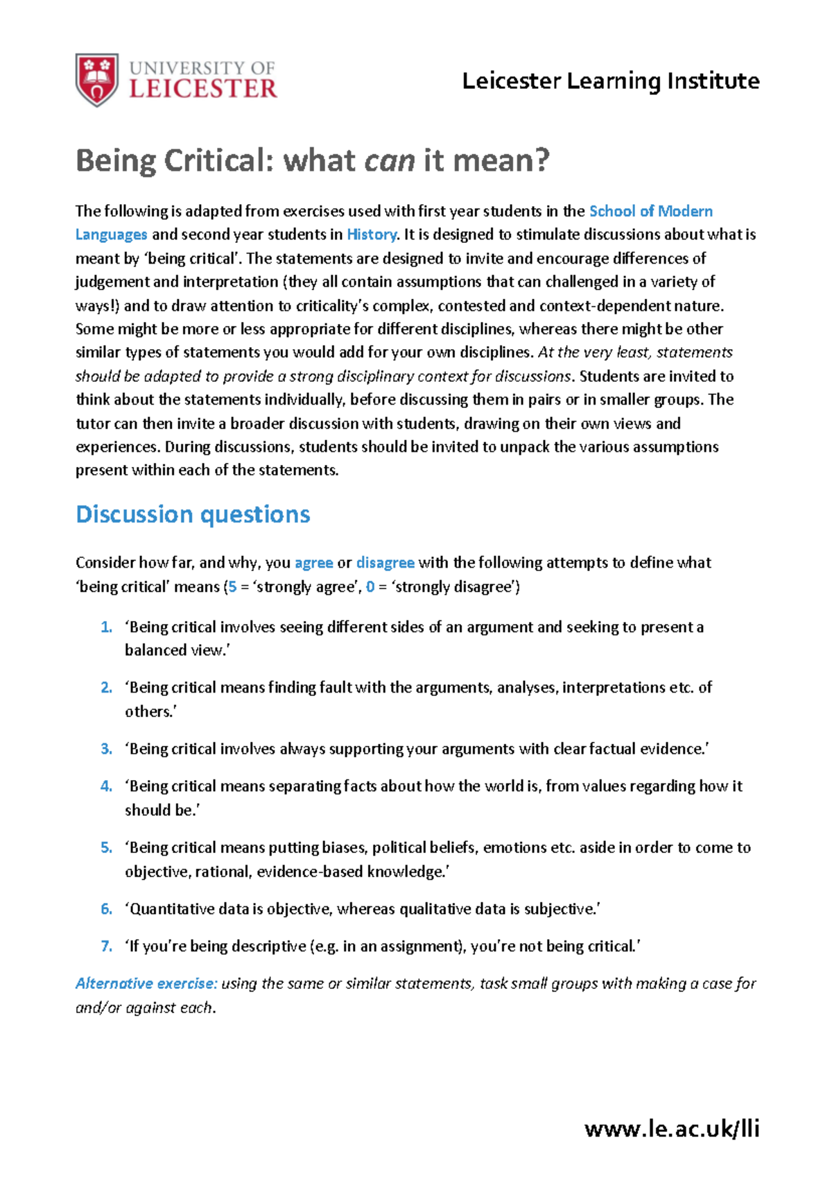 Being Critical what can it mean - Leicester Learning Institute le.ac ...