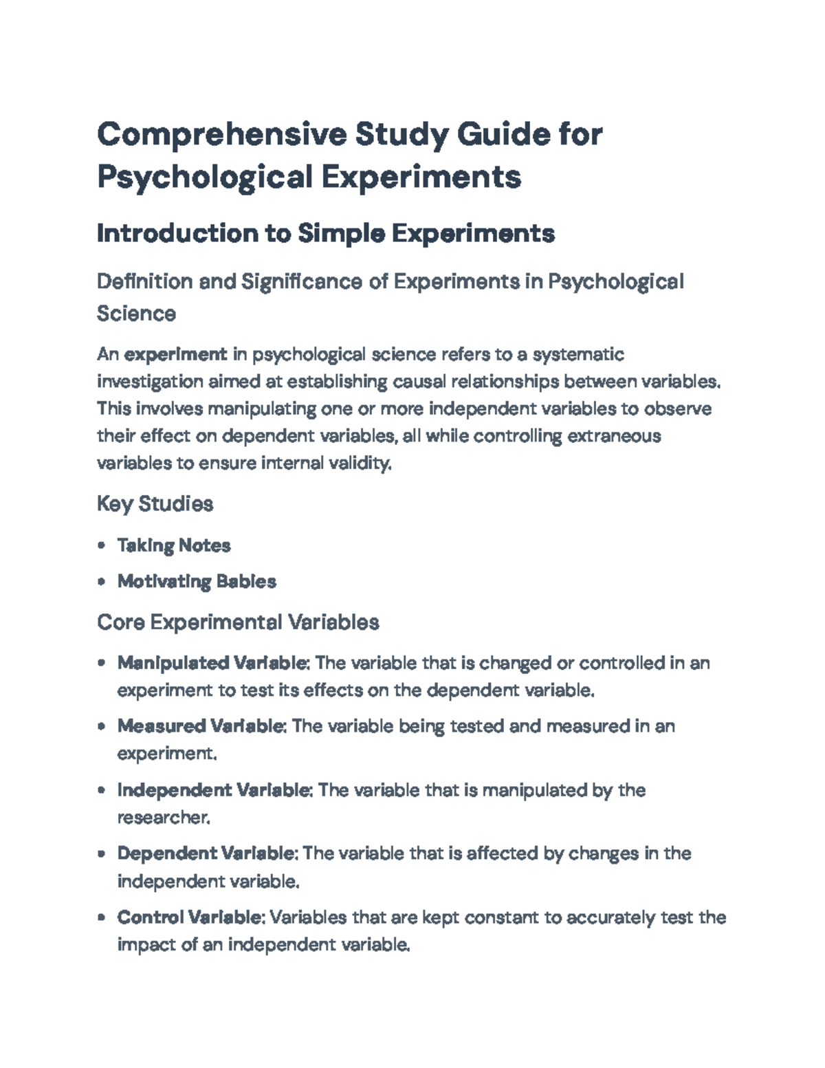 Comprehensive Study Guide for Psychological Experiments (PSY101 ...