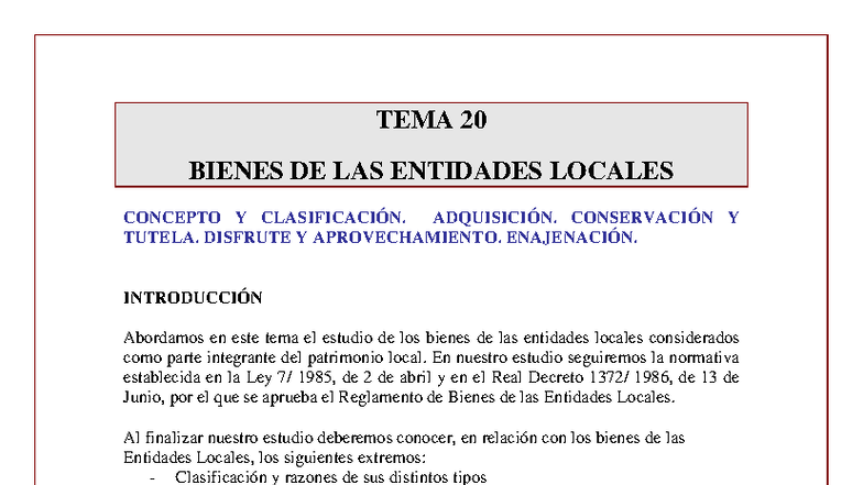 TEMA 20: BIENES DE LAS ENTIDADES LOCALES - CONCEPTO Y CLASIFICACIÓN ...