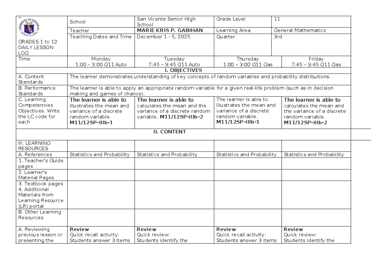 LP STAT WEEK 3 LESSON PLAN: Random Variables & Probability ...