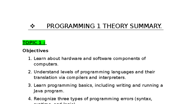 Programming 1 Theory Summary: Key Concepts and Control Structures - Studocu