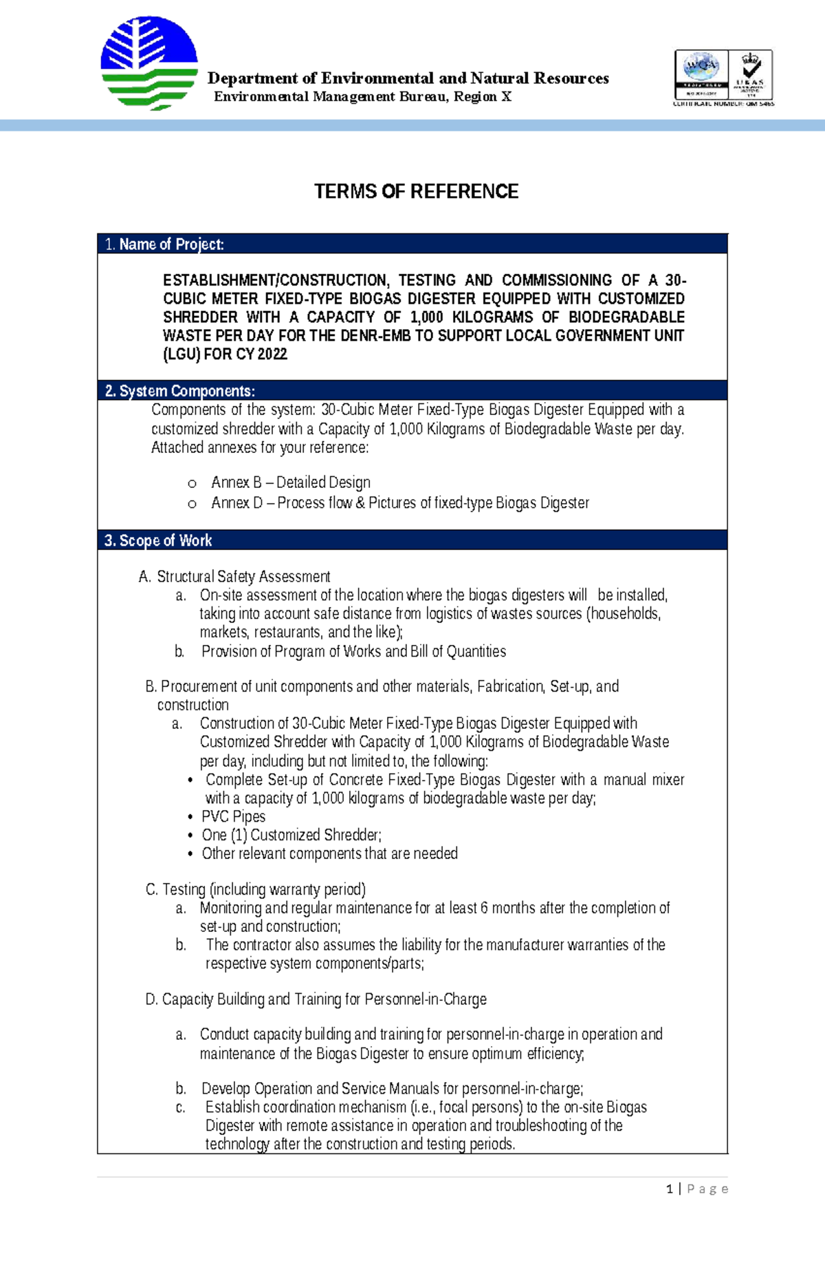Bio Digester Project TOR for LGU Support - 30m³ Capacity - Studocu