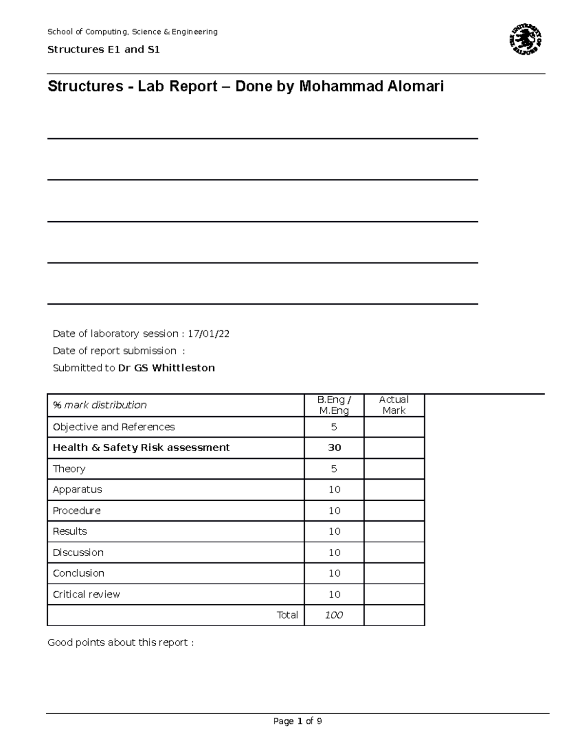 Structures Lab Report - Final Submission for E1 and S - Studocu