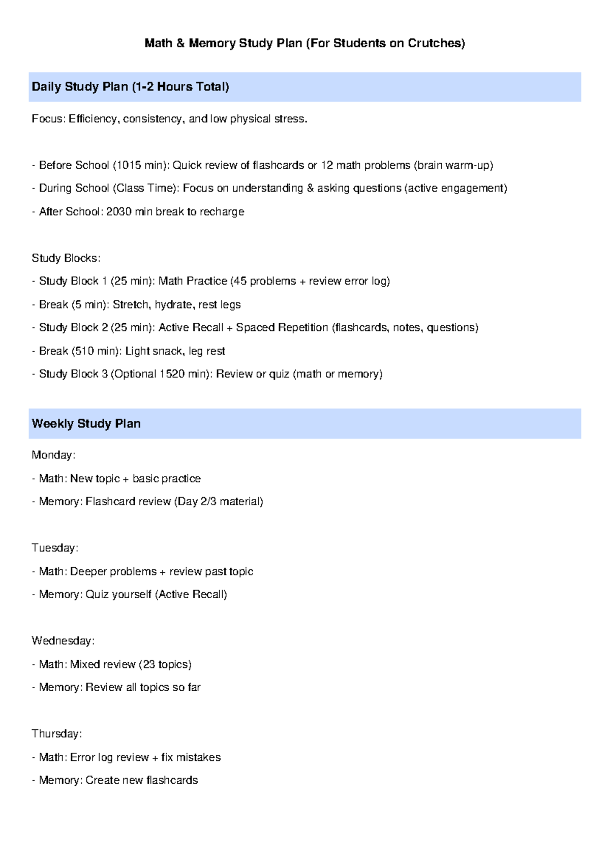 Math Memory Study Plan (Final) for Students on Crutches - Studocu