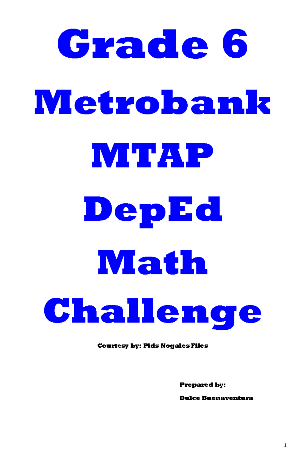 Grade 6 MTAP Math Challenge Reviewer 2008 - Elimination Test - Studocu
