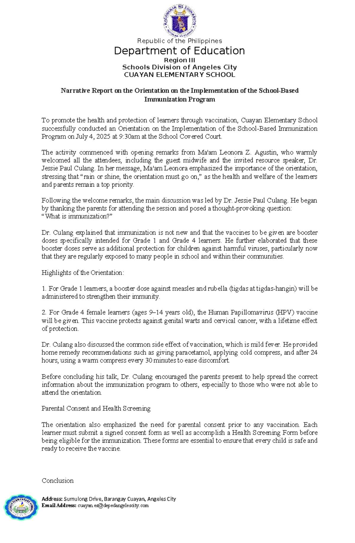 CUAYAN ELEMENTARY SCHOOL Narrative Report on School-Based Immunization Program - Studocu