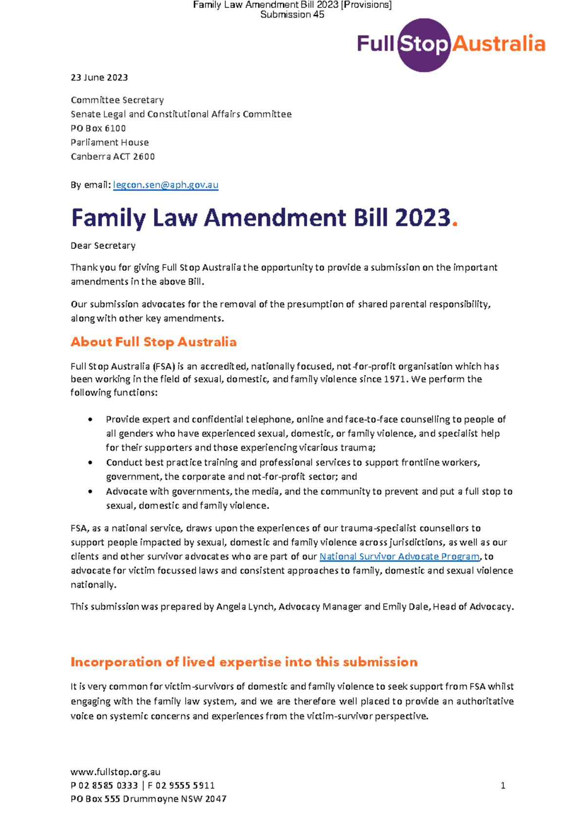 Family Law Amendment Bill 2023 Submission 45 - Full Stop Australia ...
