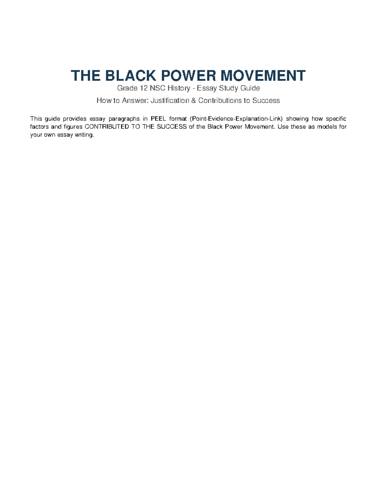 Grade 12 NSC History: Black Power Movement Essay Study Guide - Studocu
