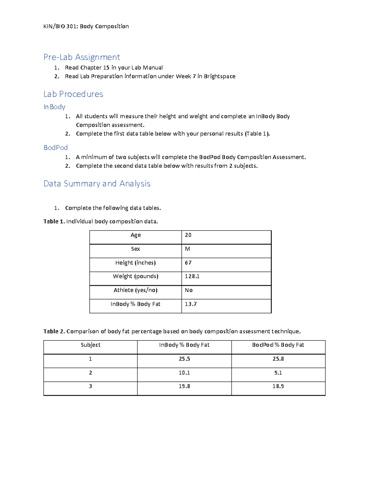 301: Body Composition Assignment 1 - Lab Procedures and Analysis - Studocu