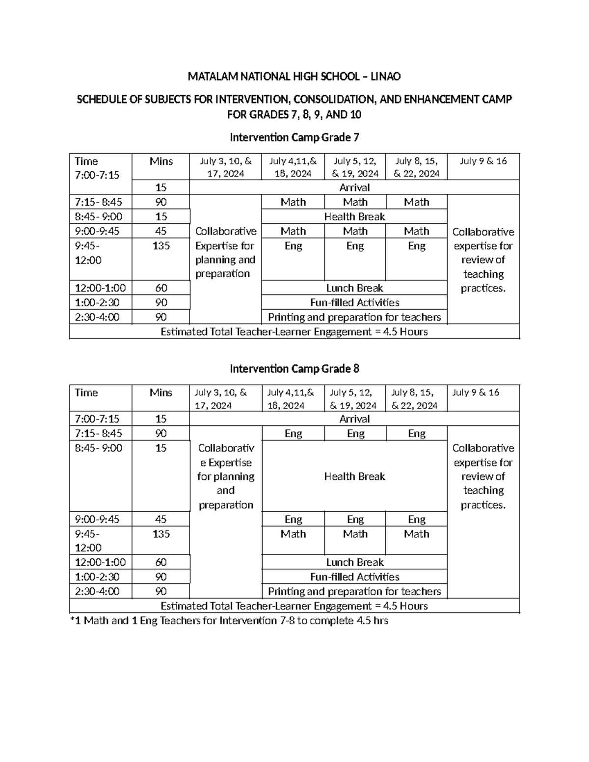 NLC Camp Sched for Proposal - MATALAM NATIONAL HIGH SCHOOL – LINAO ...