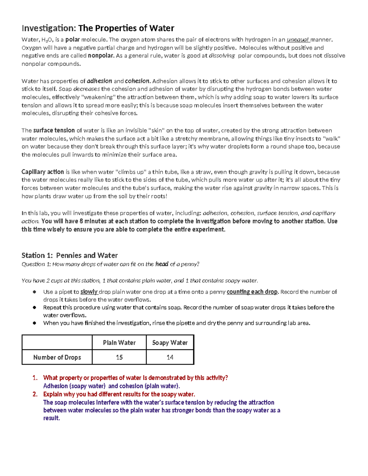 Copy of Lab - Investigating the properties of water - Investigation ...