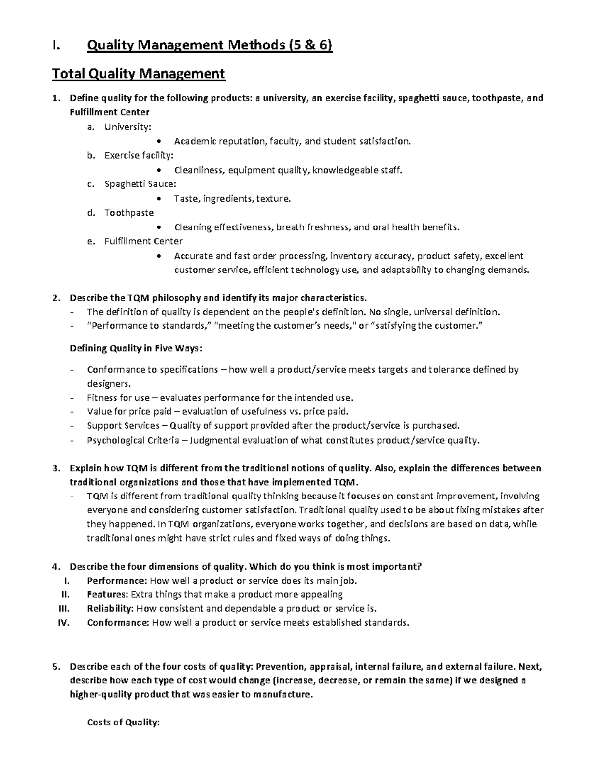 Operations Management - Study Guide - I. Quality Management Methods (5 ...