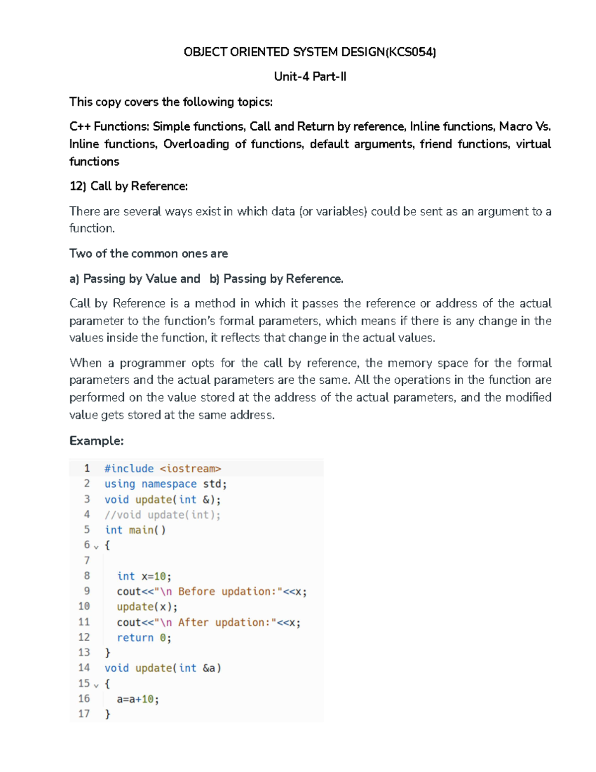 OOSD KCS054 Unit 4 Part II: C++ Functions Overview and Concepts - Studocu