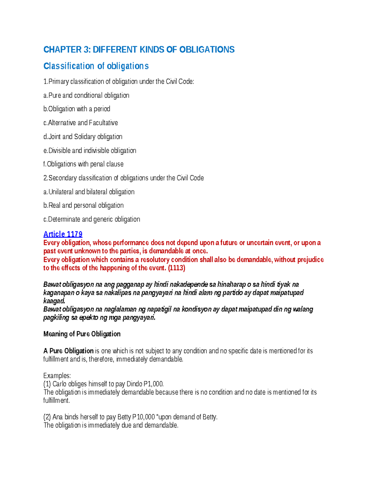 LAW 4: Chapter 3 - Classification of Obligations Under the Civil Code ...
