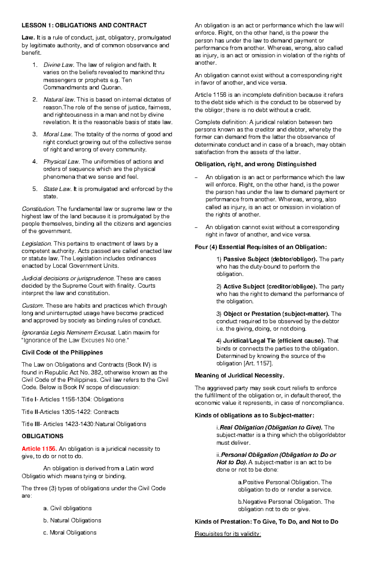 LESSON 1: OBLIGATIONS AND CONTRACT Law Overview (Oblicon) - Studocu