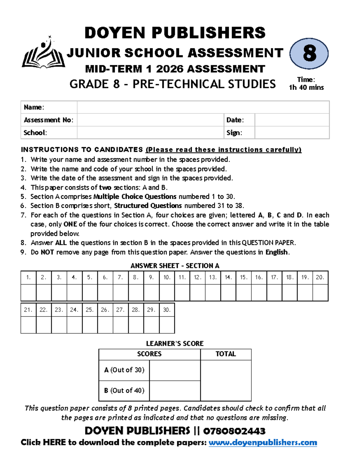 Grade 8 Pre-Technical Studies Mid-Term I 2026 Assessment - Studocu