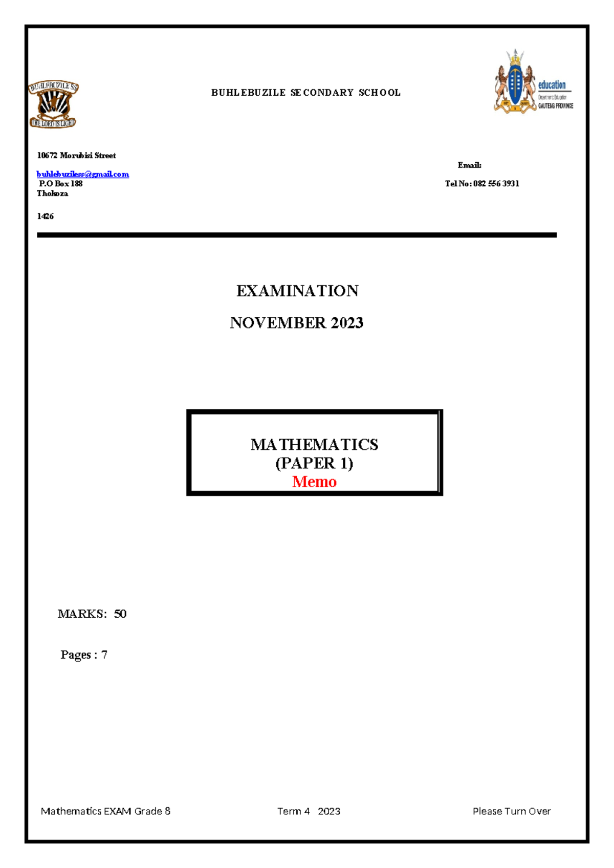 Grade 8 Mathematics Nov Exam 2023 - Paper 1 Memo - Studocu