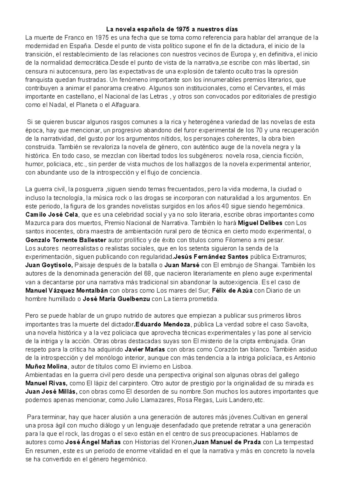 La novela española contemporánea (1975-2023): Evolución y autores - Studocu