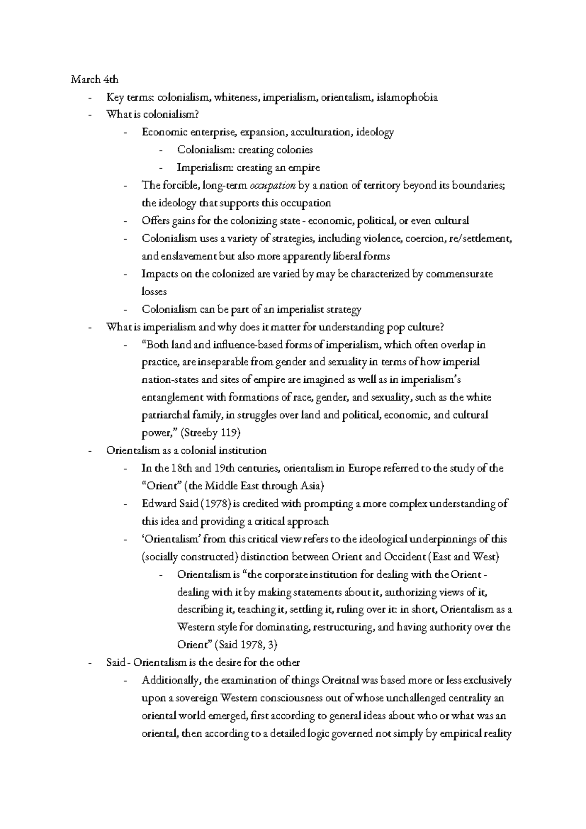March Lecture Notes: Key Terms on Colonialism, Imperialism, and Culture ...