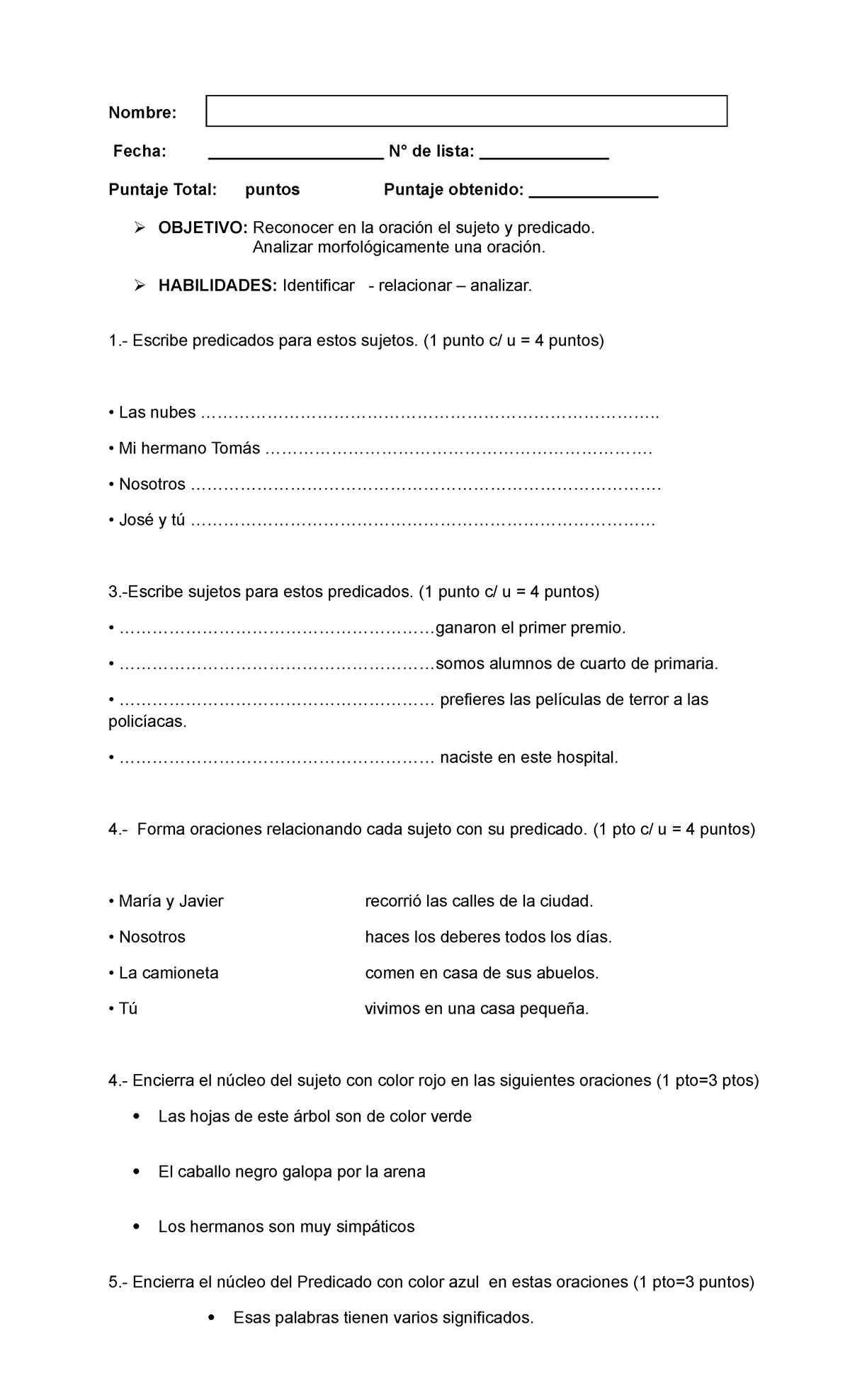 213893069 Prueba de Sujeto y Predicado: Ejercicios y Análisis ...