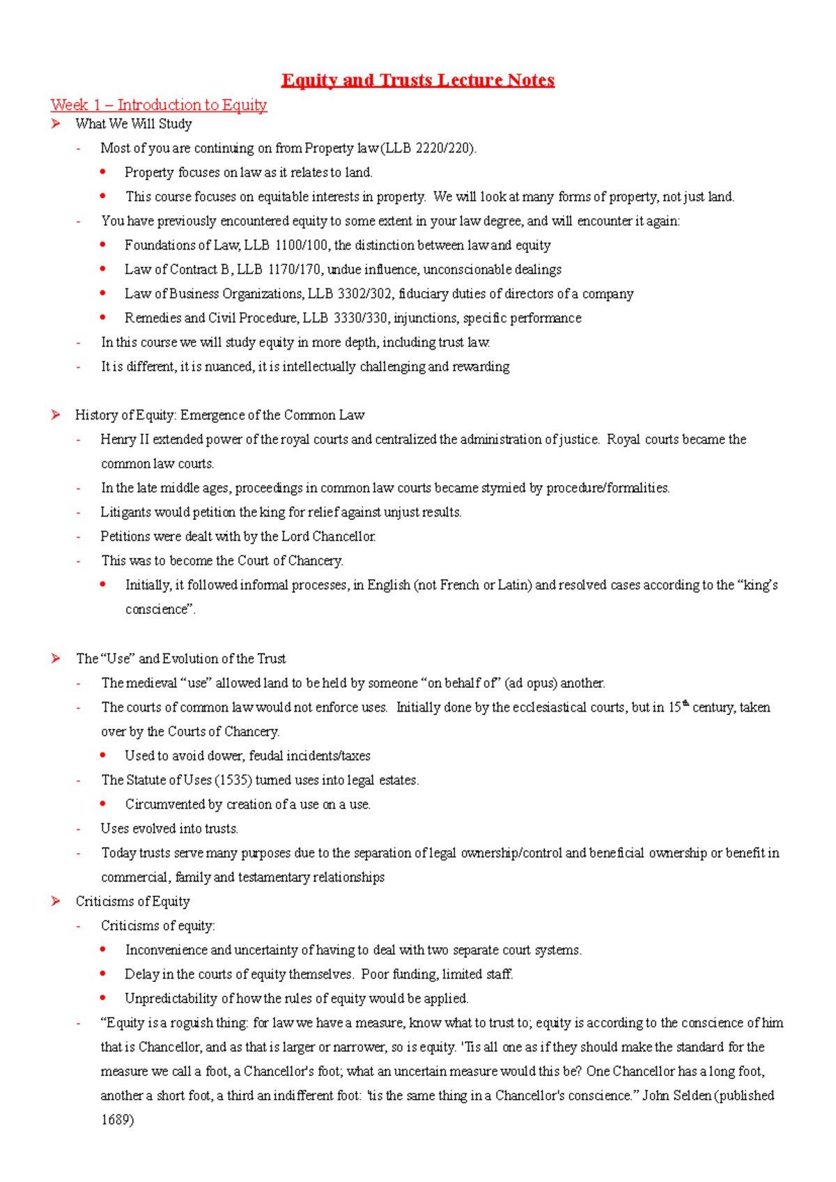 Equity and Trusts Lecture Notes (LLB) - Week 1 Overview - Studocu