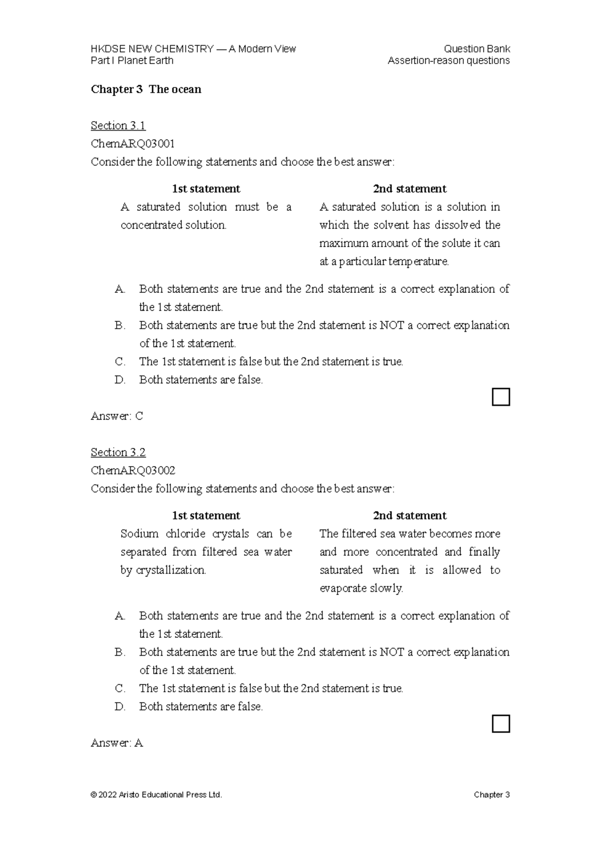 HKDSE NEW CHEMISTRY A Modern View Part I Planet Earth Question Bank ...